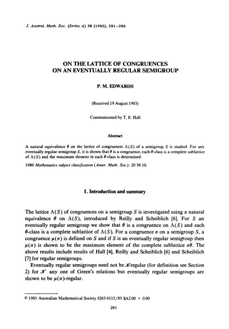 Pdf On The Lattice Of Congruences On An Eventually Regular Semigroup