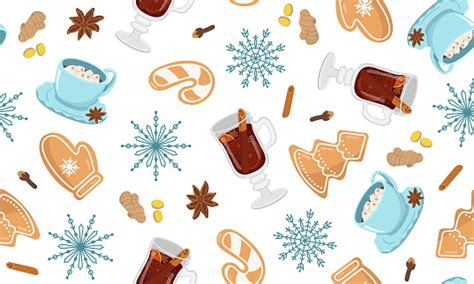 벡터 완벽 한 패턴 와 진저 브레드 코코아 와 Mulled Wine 새해와 크리스마스는 눈송이로 대접합니다 벽지와 포장을 위한 쿠키와 음료가 있는 배경 겨울에 대한 스톡