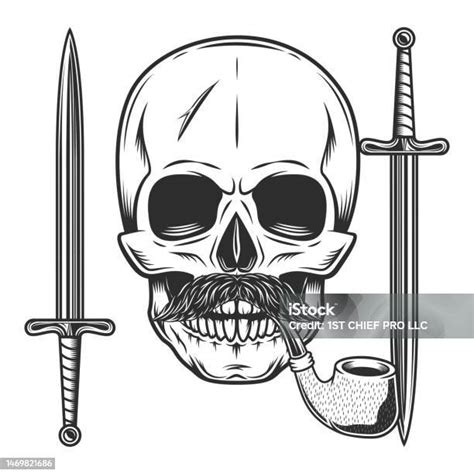 콧수염과 교차 검을 가진 두개골 흡연 파이프 흰색 배경 흑백 그림에 격리 개념에 대한 스톡 벡터 아트 및 기타 이미지 개념 거리 검 Istock