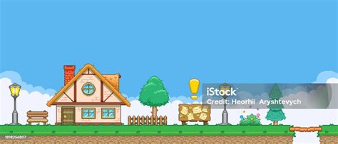 다채로운 간단한 벡터 픽셀 아트 가로 그림 만화 퀘스트 게시판 집 근처 복고풍 비디오 게임 플랫포머 레벨 스타일 픽셀 아트에 대한 스톡 벡터 아트 및 기타 이미지 Istock