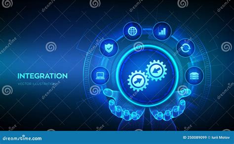 Integration Data System System Integration Technology Concept In Wireframe Hands Industrial
