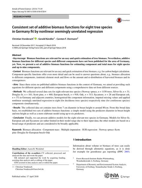 Pdf Consistent Set Of Additive Biomass Functions For Eight Tree Species In Germany Fit By