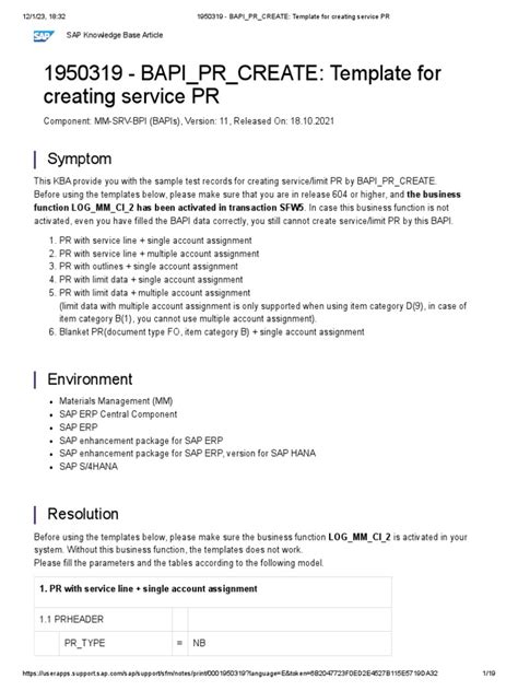Template For Creating A Service Purchase Requisition Using The Bapiprcreate Api Pdf