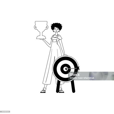 여자 친구가 컵을 들고있다 승리의 규율 Charwoman 및 거리 선형 스타일러스 트렌디한 스타일 벡터 일러스트레이션 3차원 형태에 대한 스톡 벡터 아트 및 기타 이미지