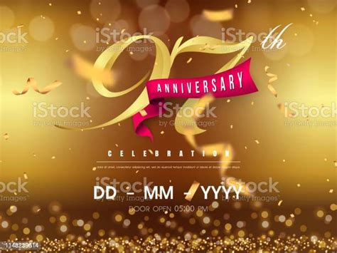 골드 배경에 97 년 기념일 로고 템플릿 97 빨간 리본 벡터와 색종이 고립 된 디자인 요소와 황금 숫자를 축 하 광고에 대한 스톡 벡터 아트 및 기타 이미지 Istock
