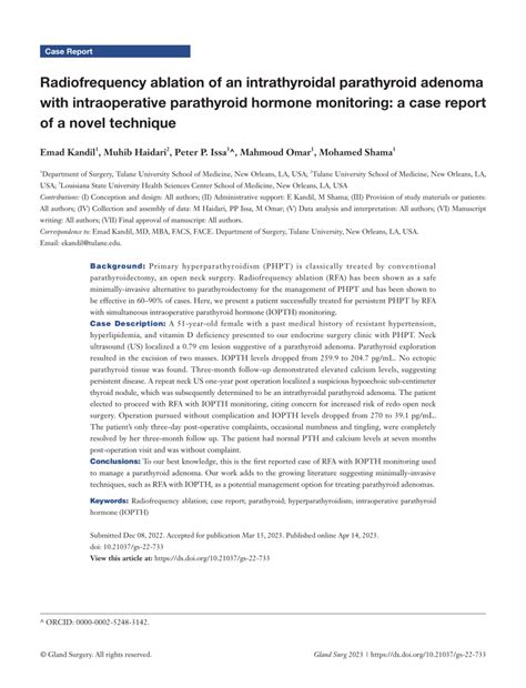 Pdf Radiofrequency Ablation Of An Intrathyroidal Parathyroid Adenoma With Intraoperative