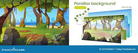 Glade Set Parallax Effect Amusing Beautiful Vegetation Landscape Sun Cartoon Style Hills