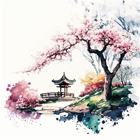 Premium Vector Watercolor Vector Landscape Of Cherry Blossoms In