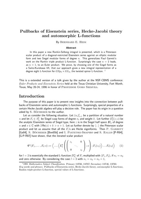 Pdf Pullbacks Of Eisenstein Series Hecke Jacobi Theory And Automorphic L Functions