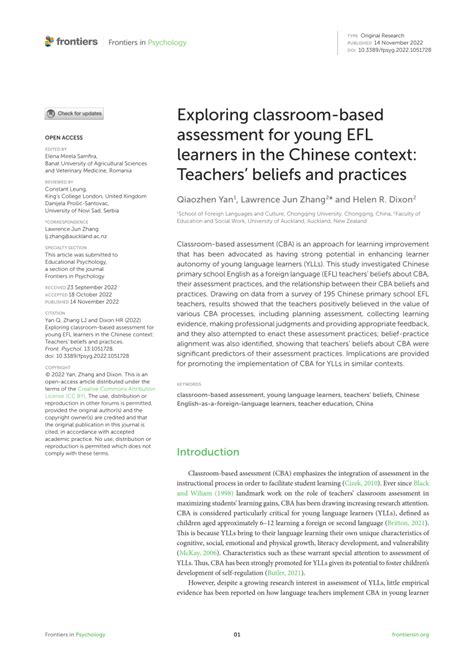 Pdf Exploring Classroom Based Assessment For Young Efl Learners In The Chinese Context