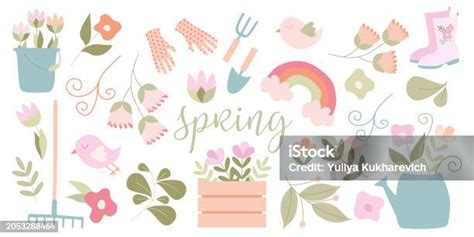 봄 정원 세트입니다 손으로 그린 Flat Vector Isolated 요소 꽃 새 원예 도구 나뭇잎 스크랩북 인사말 카드 파티 초대장 포스터 태그 스티커 키트 디자인에 대