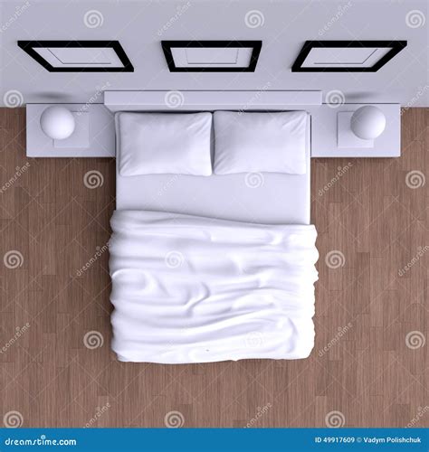 Κρεβάτι με τα μαξιλάρια και ένα κάλυμμα στο δωμάτιο γωνιών τρισδιάστατη απεικόνιση Απεικόνιση