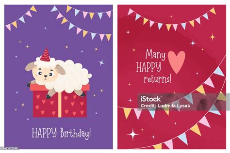 생일 모자를 쓴 귀여운 양들이 선물 상자에 놓여 있습니다 멋진 컬렉션 인사말 세로 카드 생일 축하합니다 만화 플랫 스타일의 벡터 그림 배경 주제에 대한 스톡 벡터 아트 및