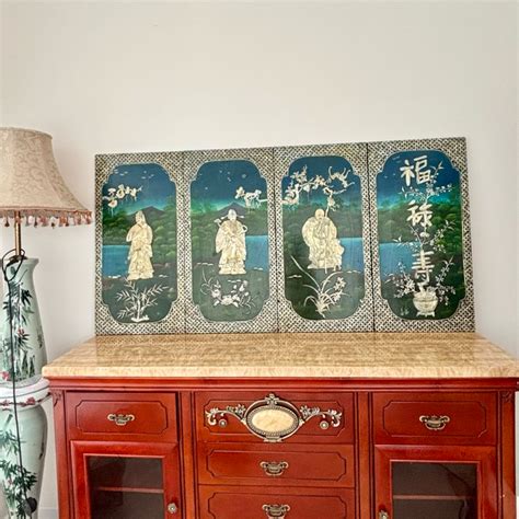 ภาพเทพเจ้าฮก ลก ซิ่ว งานฝังมุกบนแผ่นไม้ เช็ต 4 ชิ้น งานสวยสมบูรณ์ ขนาดต่อแผ่น 79 X 40 Cm 31 X