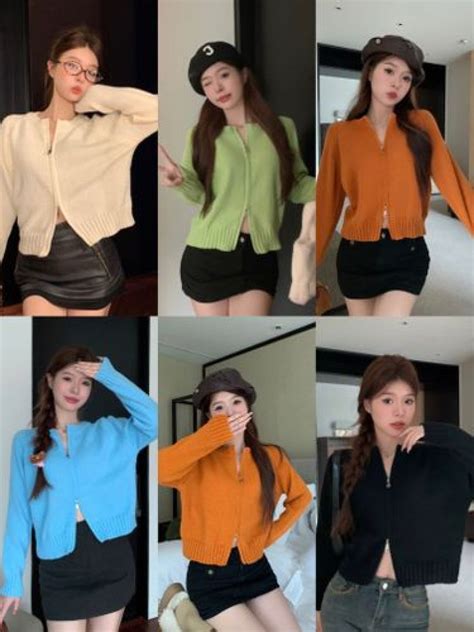 여성 색상플 무지 투웨이 집업 도톰 숏 기본핏 도톰 니트가디건 앙보리 소라색 그린