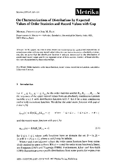 Pdf On Characterizations Of Distributions By Expected Values Of Order Statistics And Record