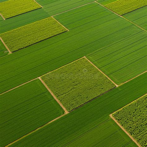 Aerial View Of An Agricultural Landscape Featuring Rectangular Plots Of Vibrant Green Crops