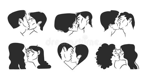 Hand Drawn Vector Abstract Graphic Illustration Valentines Day Drawing Kissing Lgbt Couple Set