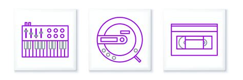 라인 Vhs 비디오 카세트 테이프 음악 신디사이저 및 Cd 플레이어 아이콘을 설정합니다 벡터 Mp3 플레이어에 대한 스톡 벡터 아트 및 기타 이미지 Istock