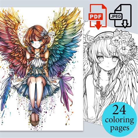 Angel Coloring Pages Anime Girl Digital Book Beautiful Portrait Sheet