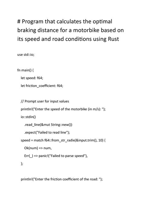 Program That Calculates The Optimal Braking Distance For A Motorbike Based On Its Speed And Road
