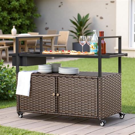 Belord Wicker Outdoor Bar Cart With Storage Cabinet And