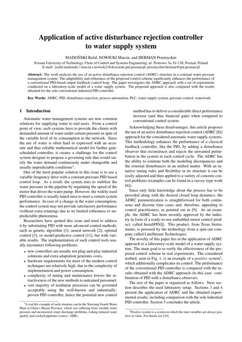 Pdf Application Of Active Disturbance Rejection Controller To Water Supply System