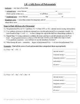 Pre Calculus H Section 1 8 Notes Zeros Of Polynomials TPT