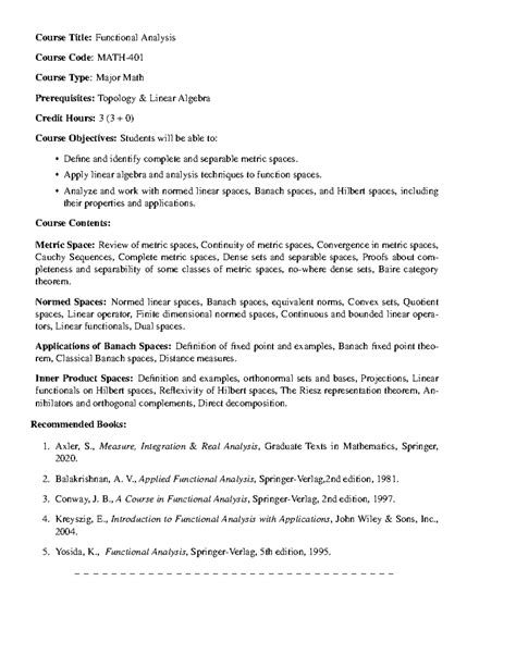 Math 401 Functional Analysis Course Outline And Objectives Studocu