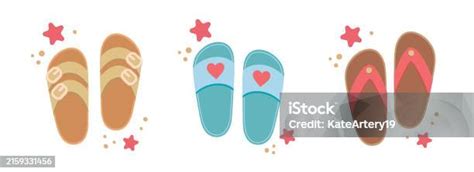 불가사리가 설정된 플립 플롭 아이콘입니다 여름 디자인을위한 귀여운 다채로운 신발 벡터 만화 그림입니다 해변 여행 0명에 대한 스톡 벡터 아트 및 기타 이미지 Istock