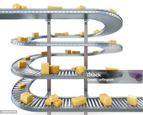 흰색 배경에 고립 된 상자가있는 나선형 컨베이어 벨트 3d 그림 컨베이어 벨트에 대한 스톡 사진 및 기타 이미지 컨베이어 벨트 창고 컷아웃 Istock
