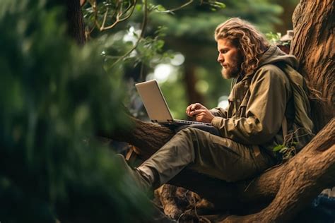 Premium Photo A Man Programmer Sitting On A Tree Branch And Coding On
