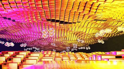 3d 렌더링 고품질 렌더링 골드 큐브와 네온 조명이있는 공상 과학 배경 스택과 거대한 파도를 형성하는 큐브와 함께 떠있는 크리스탈 큐브 3차원 형태에 대한 스톡 사진 및