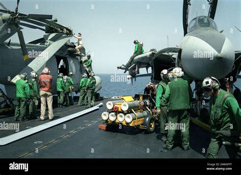 Flight Deck Crew Members Service A Helicopter Anti Submarine Squadron 12 Hs 12 Sh 3h Sea King