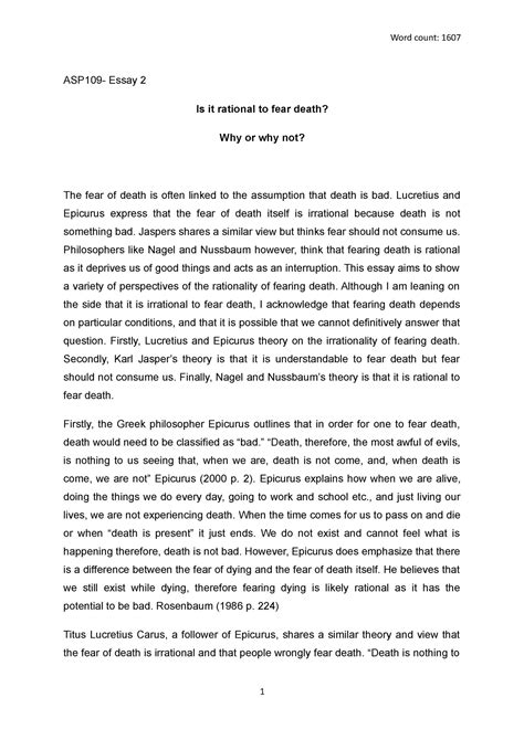 Love Sex And Death Essay 2 Asp109 Essay 2 Is It Rational To Fear