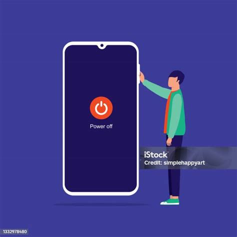 젊은 남자는 자신의 스마트 폰을 해제합니다 전원 끄기 또는 휴대 전화를 종료합니다 디지털 해독 개념 아이콘 전원 을 끄기 켰다 끄기에 대한 스톡 벡터 아트 및 기타 이미지