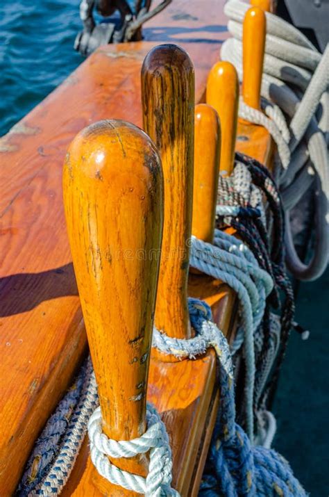 Close Up Of Tall Ship S Belaying Pins And Rigging Rope Stock Image Image Of Shipping Wooden