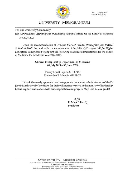 Xavier University Memo U2324 102 Addendum Appointment Of Academic
