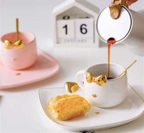 Promo Golden Bow Mug Set Saucer Spoon Gelas Cangkir Pita Emas Nordic