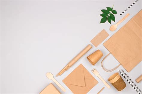 친환경 식기와 플랫 평신도 조성 복사 공간이있는 밝은 회색 배경에 크래프트 종이 식품 포장 길거리 식품 용지 포장 재활용 가능한