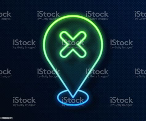 파란색 배경에 분리 된 크로스 마크 아이콘이있는 빛나는 네온 라인 맵 핀 네비게이션 포인터 위치 지도 Gps 방향 장소 나침반