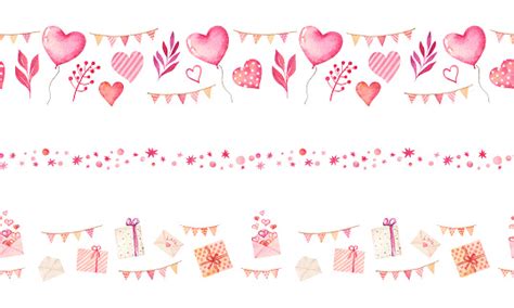 하트가 있는 수채화 매끄러운 패턴 흰색 배경에 고립 된 발렌타인 데이에 대한 상자 풍선 및 기타 요소를 제시합니다 개체 그룹에