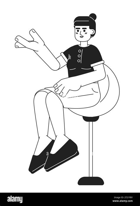 Asian Young Adult Woman Sitting On Swivel Bar Stool Black And White 2d