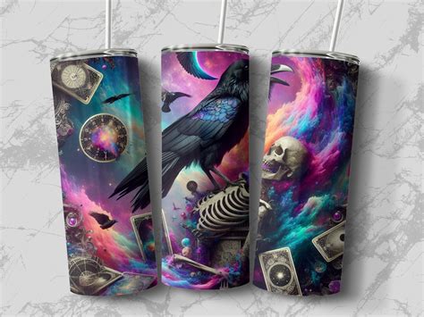 Cosmic Raven Skull Tumbler Wrap Mystical Fantasy Digital Print Png
