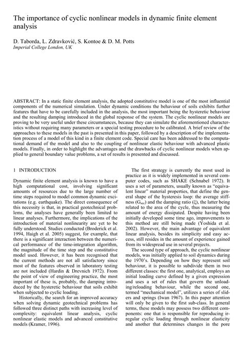 Pdf The Importance Of Cyclic Nonlinear Models In Dynamic Finite Element Analysis