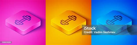 분홍색과 주황색 파란색 배경에 격리 된 등색 라인 아령 아이콘 근육 리프팅 피트니스 바벨 스포츠 장비 정사각형 버튼입니다 벡터 3차원 형태에 대한 스톡 벡터 아트 및 기타