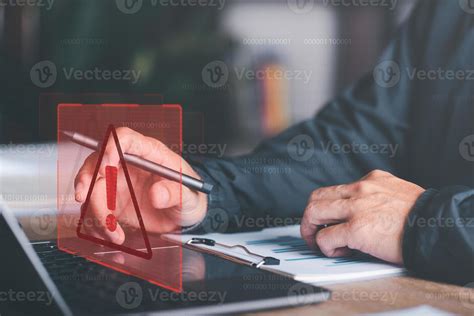 Businessman And Warning Icon Exclamation Mark Alarm Computer Virus Detected Danger Warning