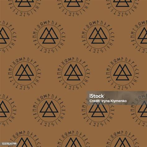 발크넛 사인 스칸디나비아 부적 상징 신 오딘 매끄러운 패턴 바이킹 룬 이교도 벡터 삼각형의 켈트 기호 북유럽 문신 갈색 배경의 벡터 그림 3가지 개체에 대한 스톡 벡터 아트