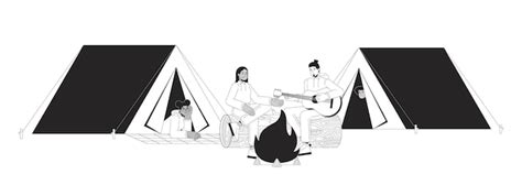 Premium Vector Bonfire Friends Camping Tents Black And White 2d Line