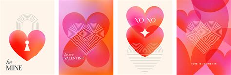 추상 발렌타인 데이 카드 컬렉션 빨간색과 분홍색 그라데이션 색상의 발렌타인 데이 배경 선형 예술 및 요소 하트 사랑 웨딩 컨셉